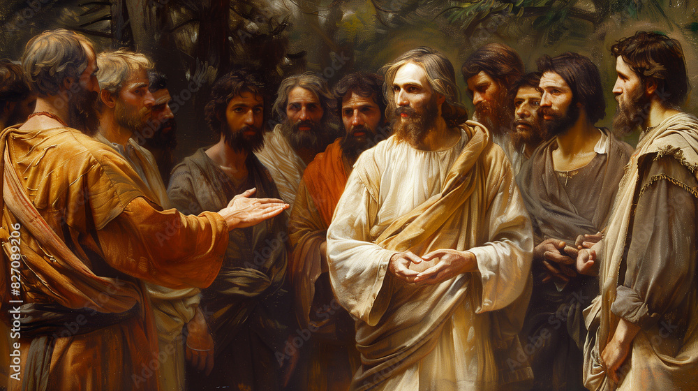 Jesus speaking to the crowd, surrounded by his disciples in ancient ...