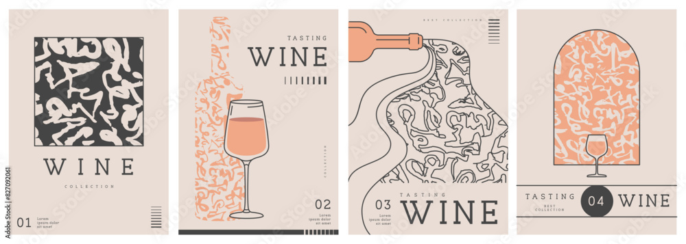 Set of modern line art magazine covers or posters with wine bottles ...