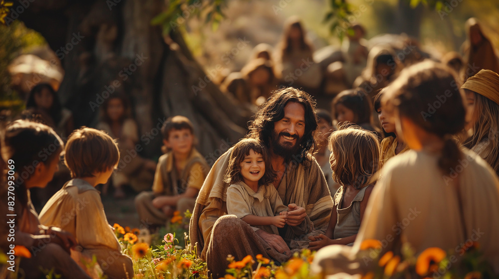 Foto de Jesus surrounded by children, sitting under a large tree in a ...