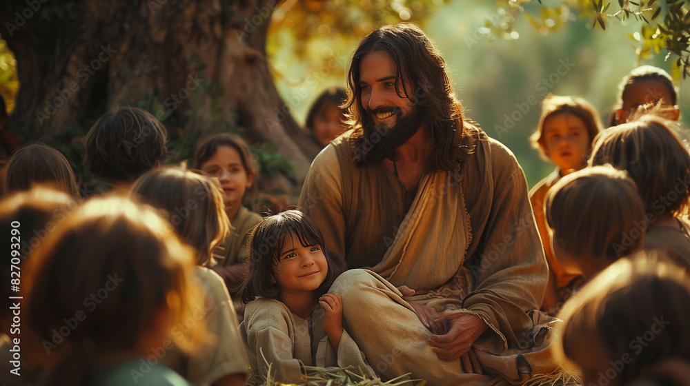 Jesus surrounded by children, sitting under a large tree in a serene ...