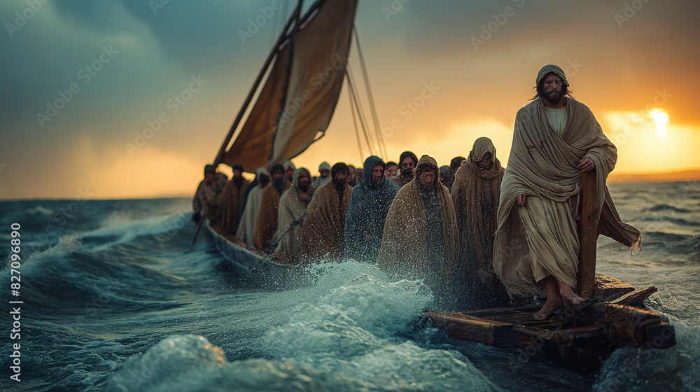 Jesus calming the storm on the Sea of Galilee, standing at the bow of a ...