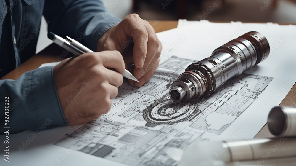 Engineer technician designing drawings mechanical parts engineering ...