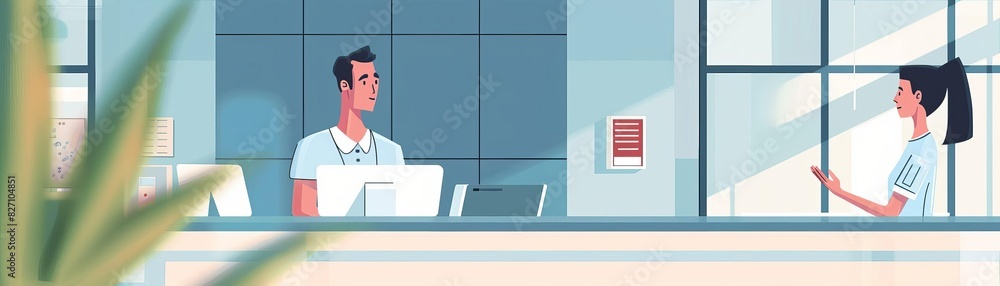 Male customer standing at reception desk and talking to female ...