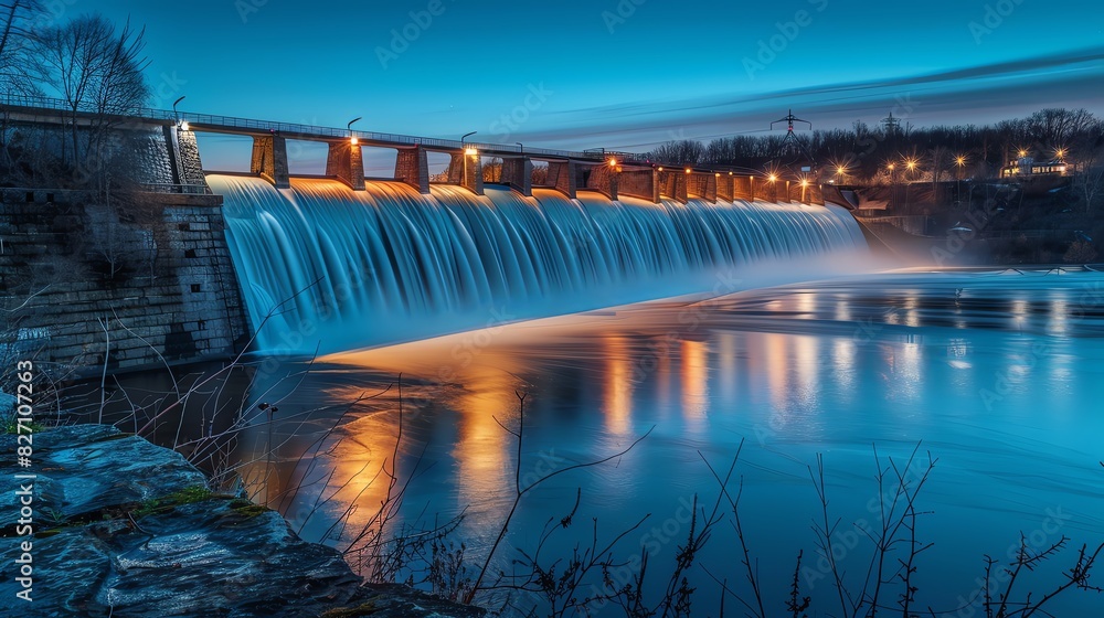 Water dam with illuminated floodlights at night. Landscape of hydrop ...