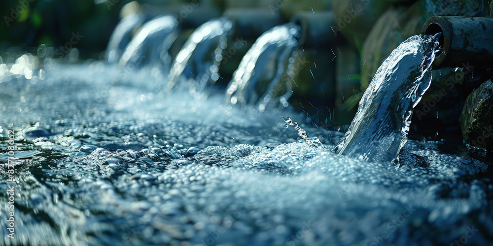 Water flowing from pipes into a waterway, clean and healthy drinking ...