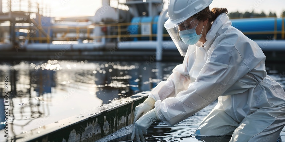 An environmental engineer in special clothing carefully takes a water ...