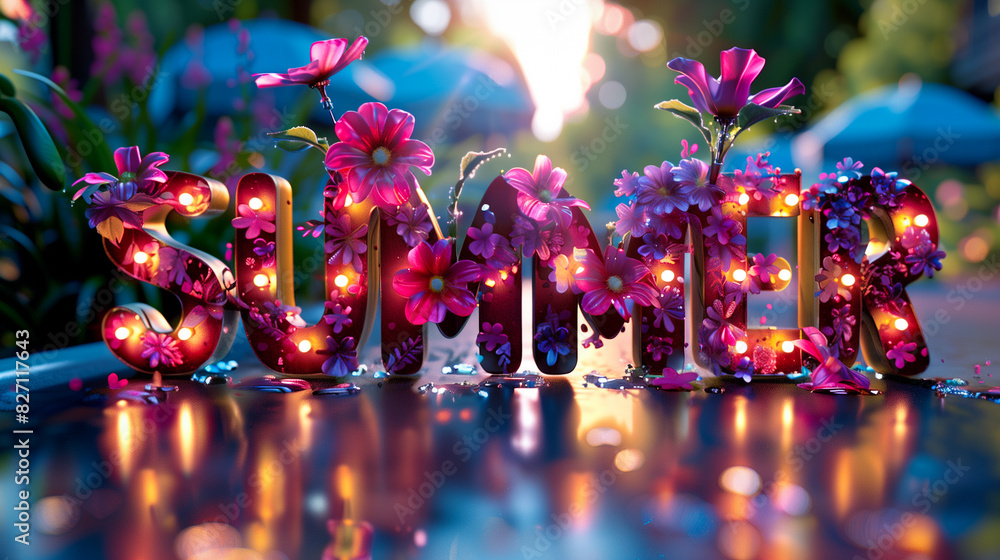 Text Summer with pink flowers and shimmering lights reflecting in a hot ...