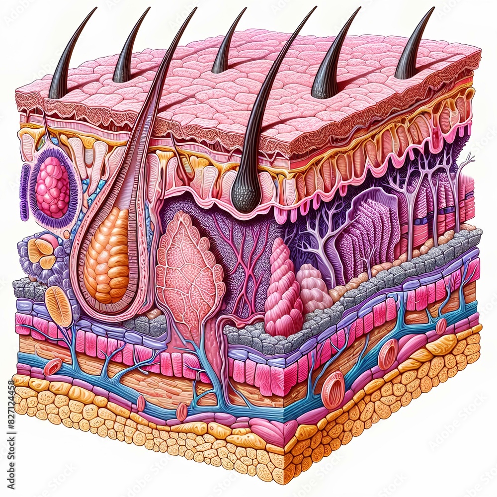 Human Skin Layers Anatomy, Detailed illustration of a cross-section of ...