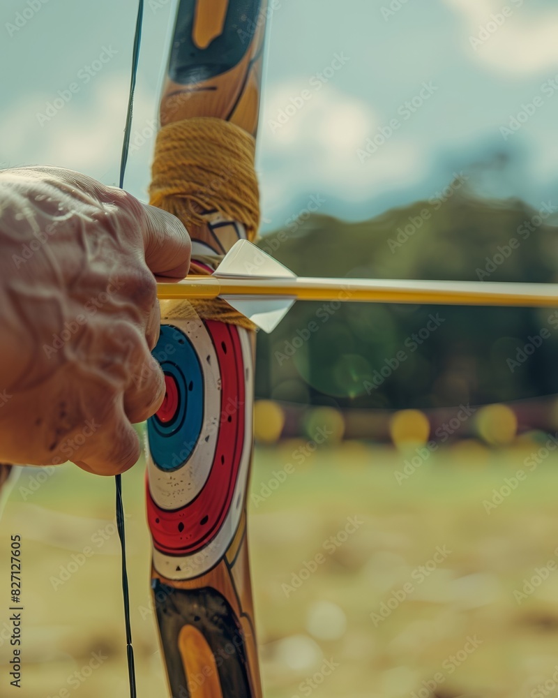 Shooting an arrow from a traditional bow during an archery competition ...