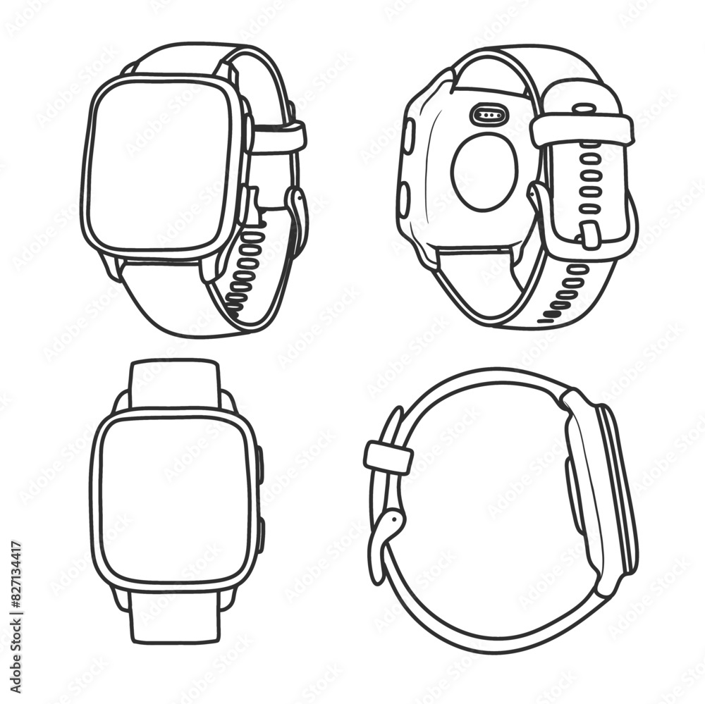 Vector illustration of smartwatch square display hand drawn sketch line ...