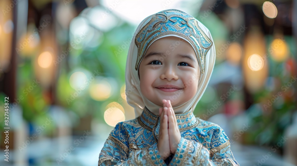 A young Asian Islamic child wearing a kufi cap, making a welcoming ...