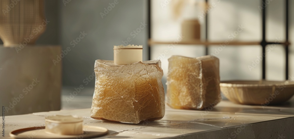 Craft a detailed 3D rendering of a biodegradable packaging material ...