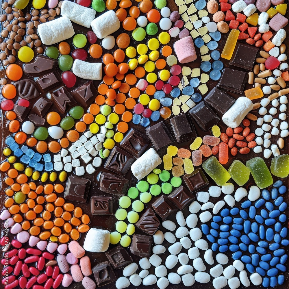 Craft a digital masterpiece capturing a top view of a dessert-filled ...