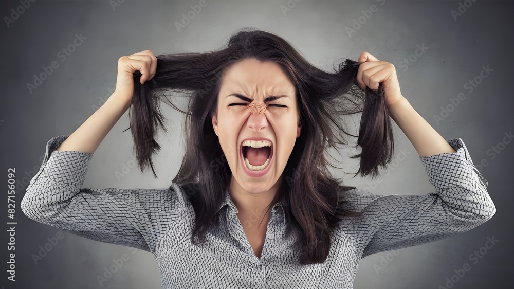 Portrait of a frustrated angry woman screaming out loud and pulling her ...