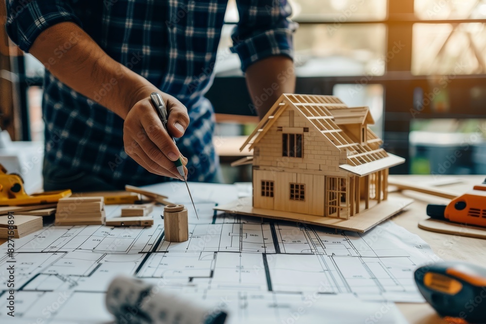 Construction worker building house with blueprints - construction ...