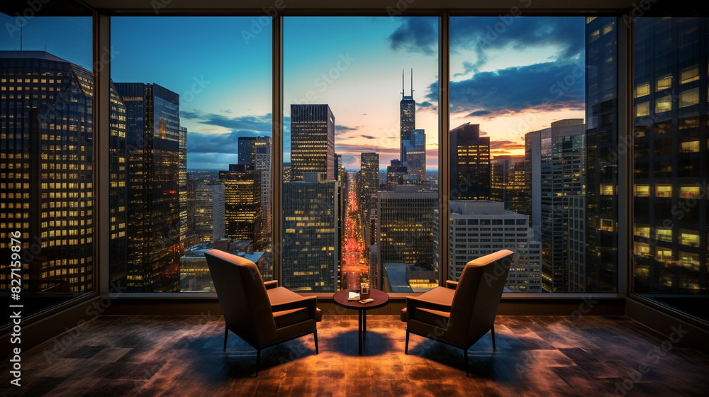 An HDR photograph of a modern city skyline viewed from a high-rise ...