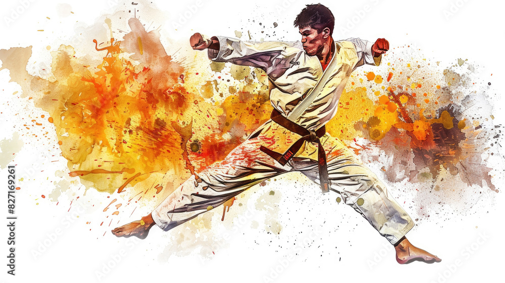 A painting depicting a man in action practicing karate with precise ...