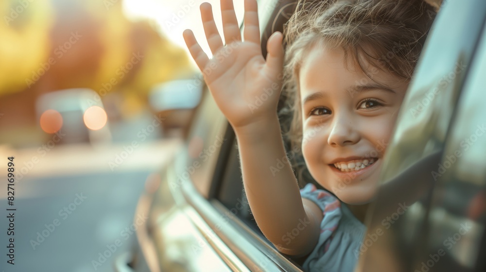 Happy young girl waves goodbye from the backseat of a car, capturing a ...