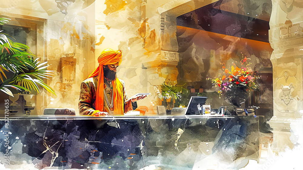 Watercolor portrait of a hotel receptionist, dressed in traditional ...