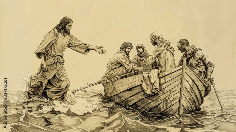 Jesus Walking on Water Reaching Out to Peter with Disciples in Boat ...