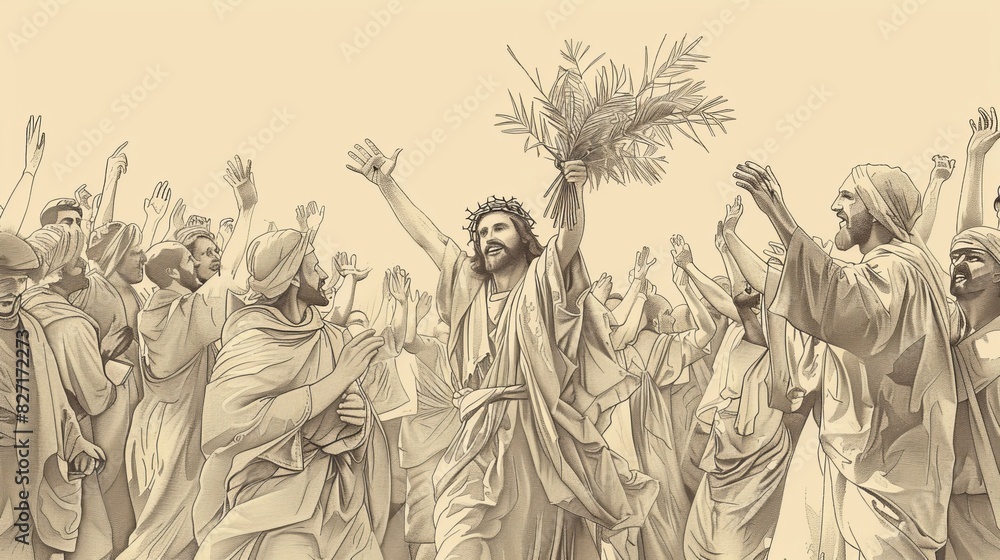 Jesus Triumphal Entry into Jerusalem, Crowds Waving Palm Branches ...