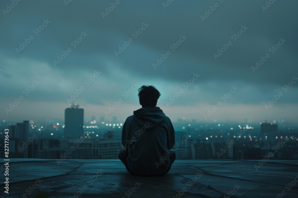 Alone broken sullen young teen guy prayer sit wait desperate look light ...