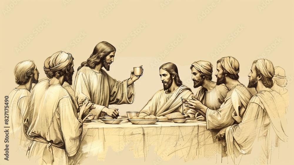 Biblical Illustration of Jesus at the Last Supper, Washing Disciples ...