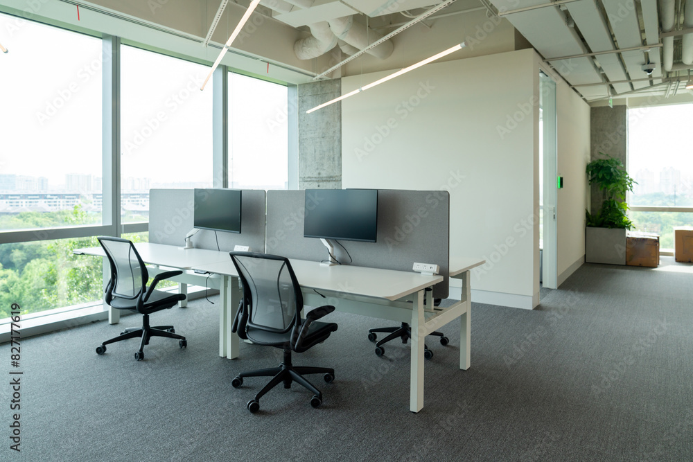 Interior of modern empty office building.Open ceiling design.Equipped ...