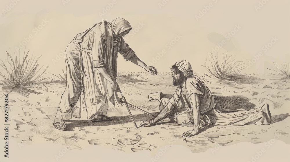 Biblical Illustration of Good Samaritan Story, Tending Injured Man ...