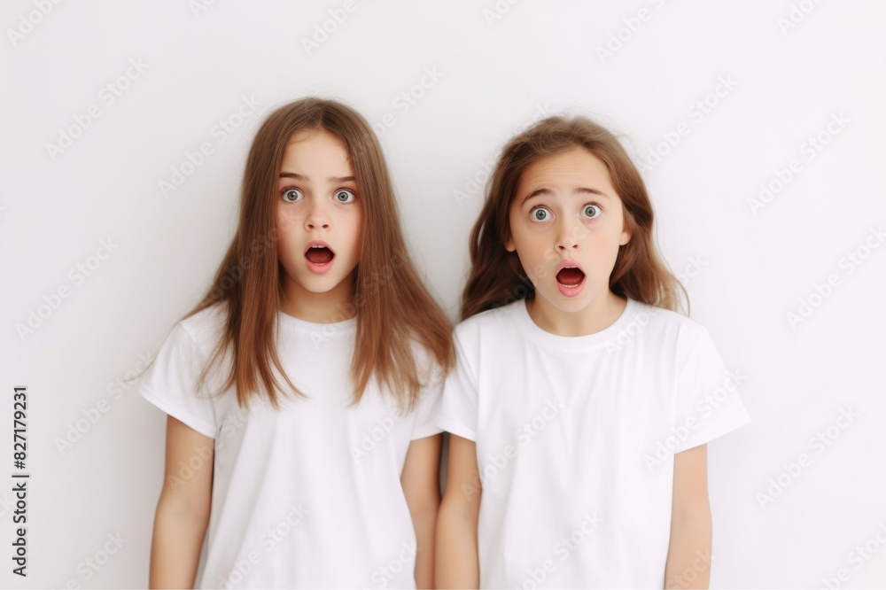 portrait of two surprised and shocked faces of teenage girls sisters in ...