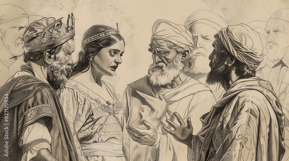 Biblical Illustration of Esther Approaching King Ahasuerus, Risking ...