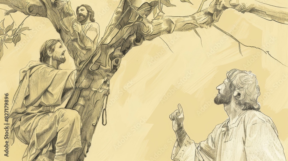 Biblical Illustration of Zacchaeus Climbing Sycamore Tree, Jesus ...