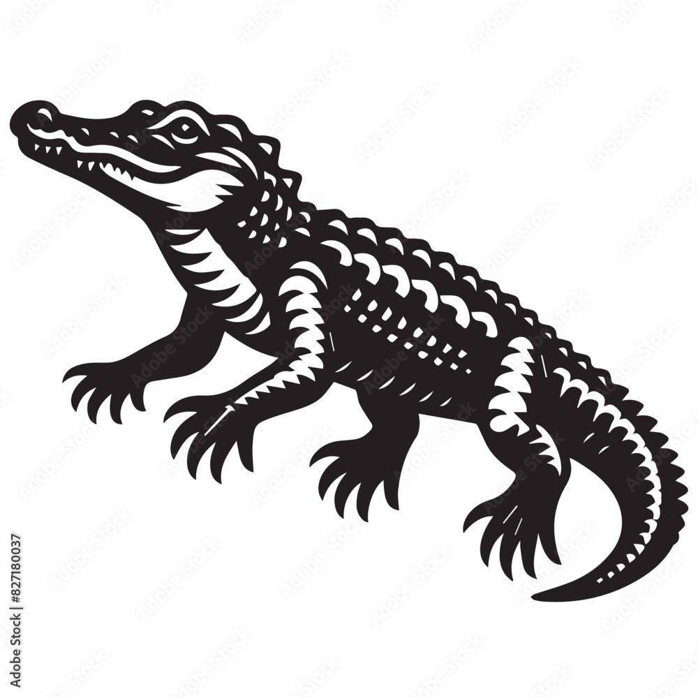 This image features a black and white illustration of an alligator. The ...