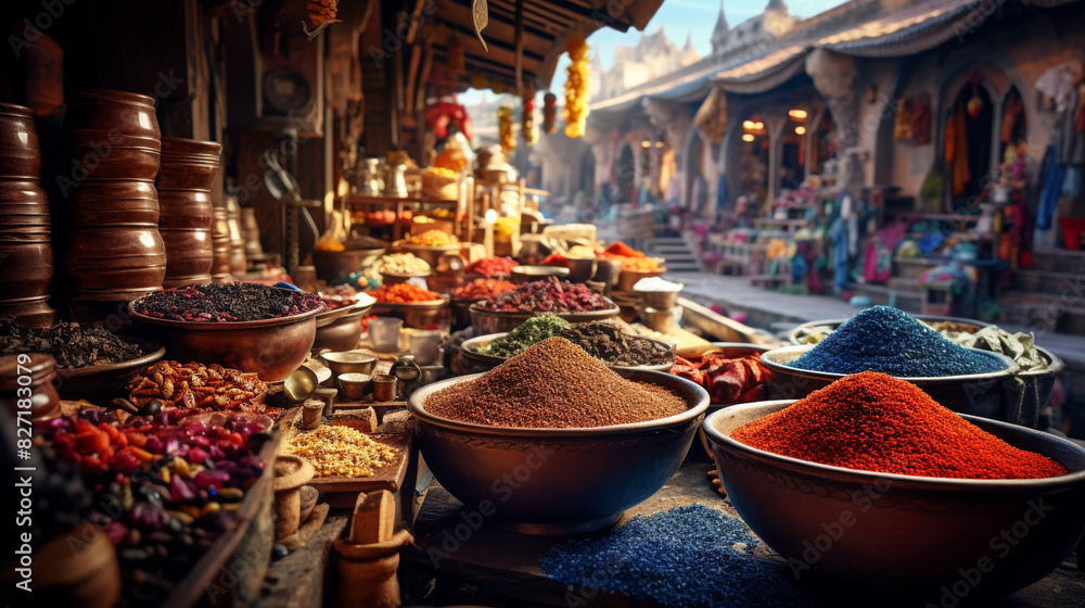 A high dynamic range photo of a bustling exotic market, with vibrant ...