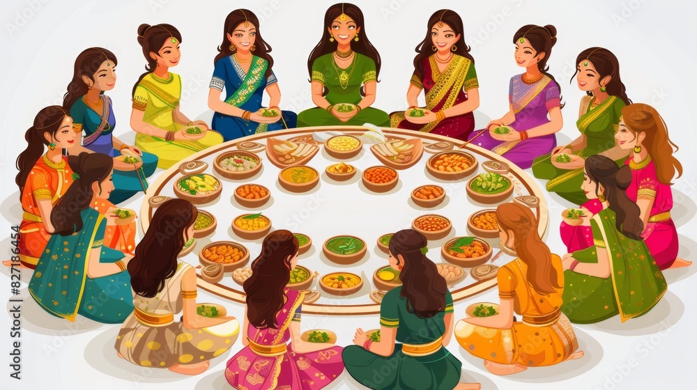 Women participating in a Teej feast, sitting in a circle and enjoying ...