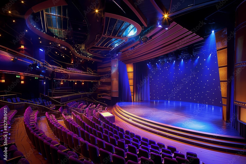 Elegant and spacious cruise ship entertainment theater with empty seats ...