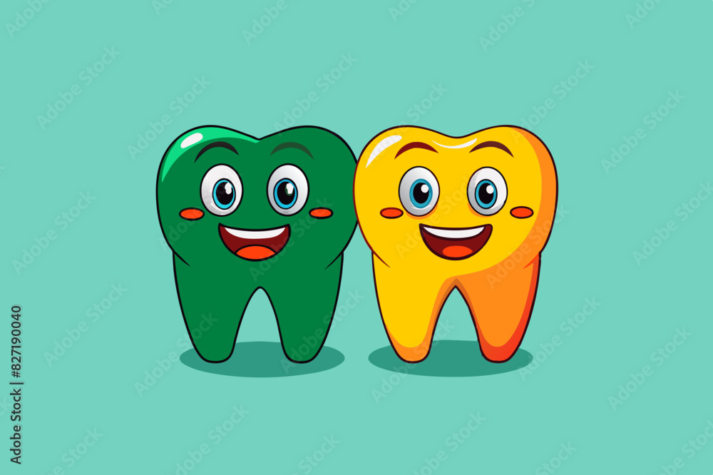 Green and yellow cartoon teeth characters smiling. Vibrant tooth ...