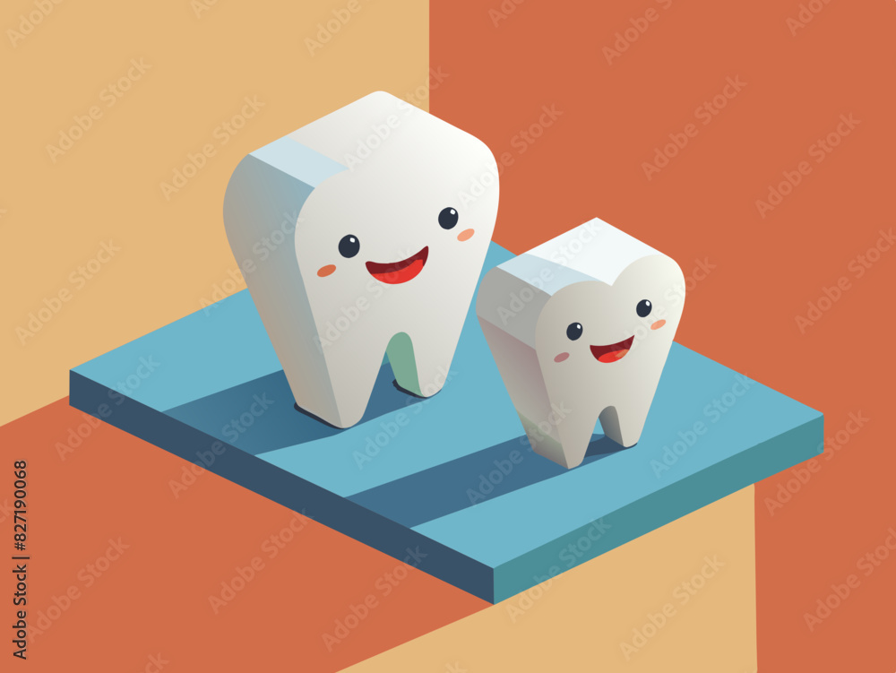 Two white tooth characters on orange stair background. Smiling dental ...
