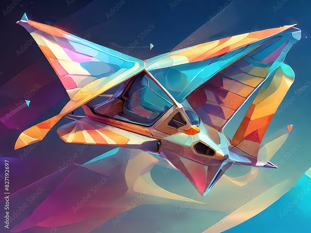 Generate a holographic representation of a hang glider, abstracted into ...