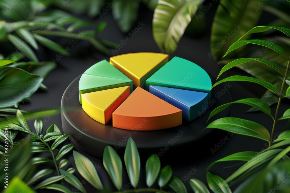 3D pie chart with data visualizations, charts and graphs on a green ...