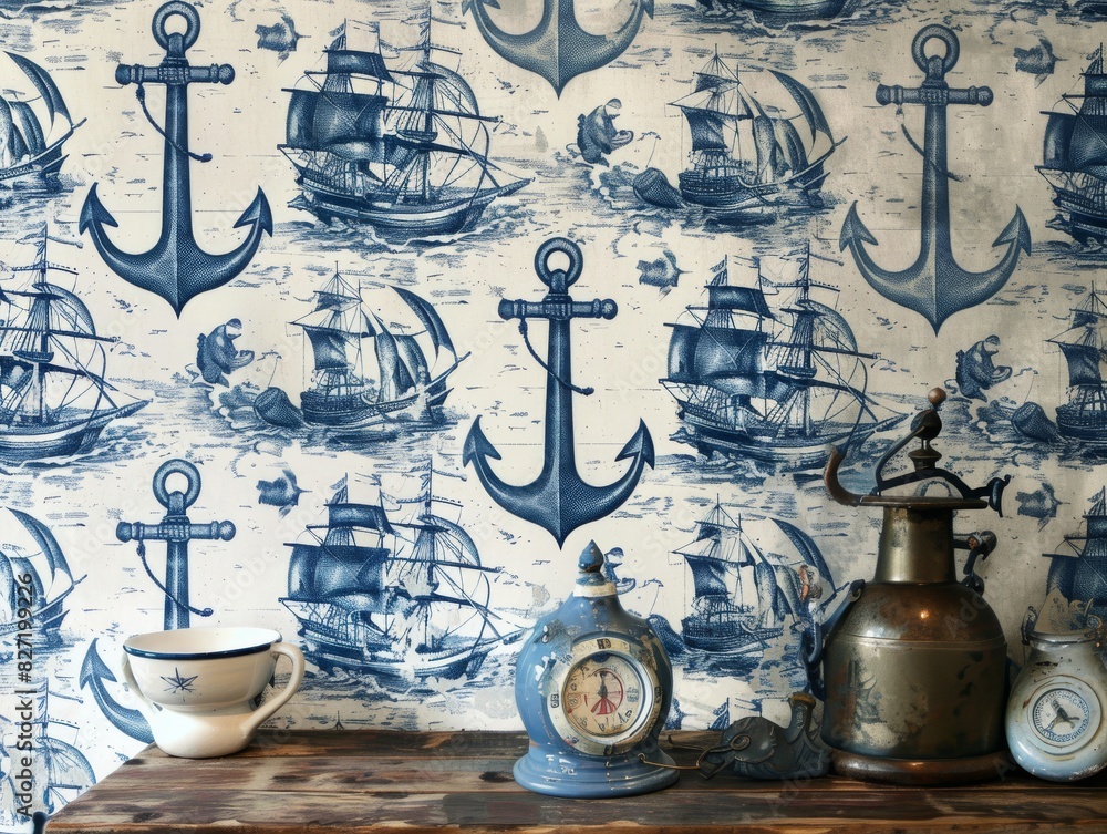 Nautical theme wallpaper, navy blues and whites with anchors, ships ...