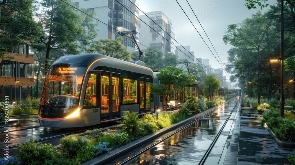 Illustrate a blank style mock-up of an eco-friendly public transit ...