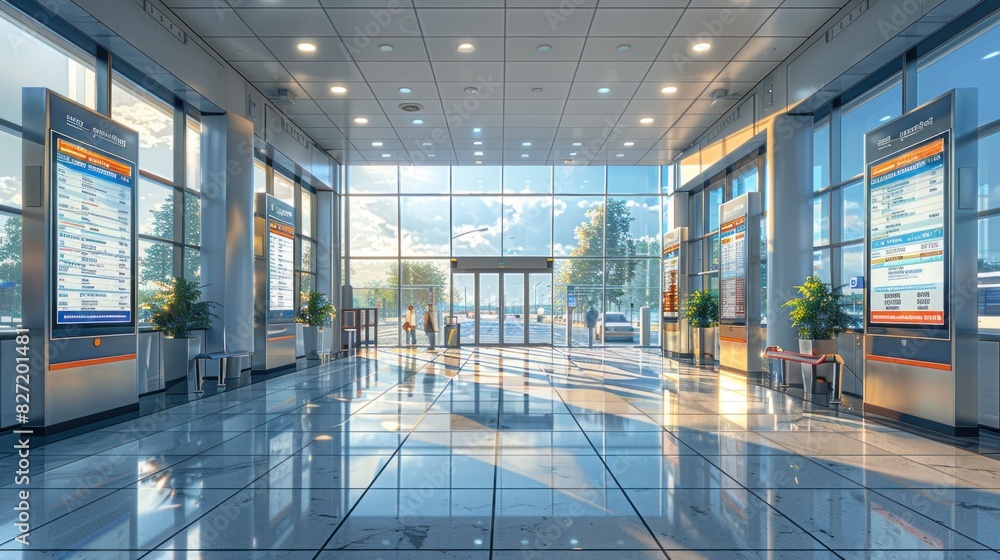 Illustrate a blank style mock-up of an intercity bus terminal with ...