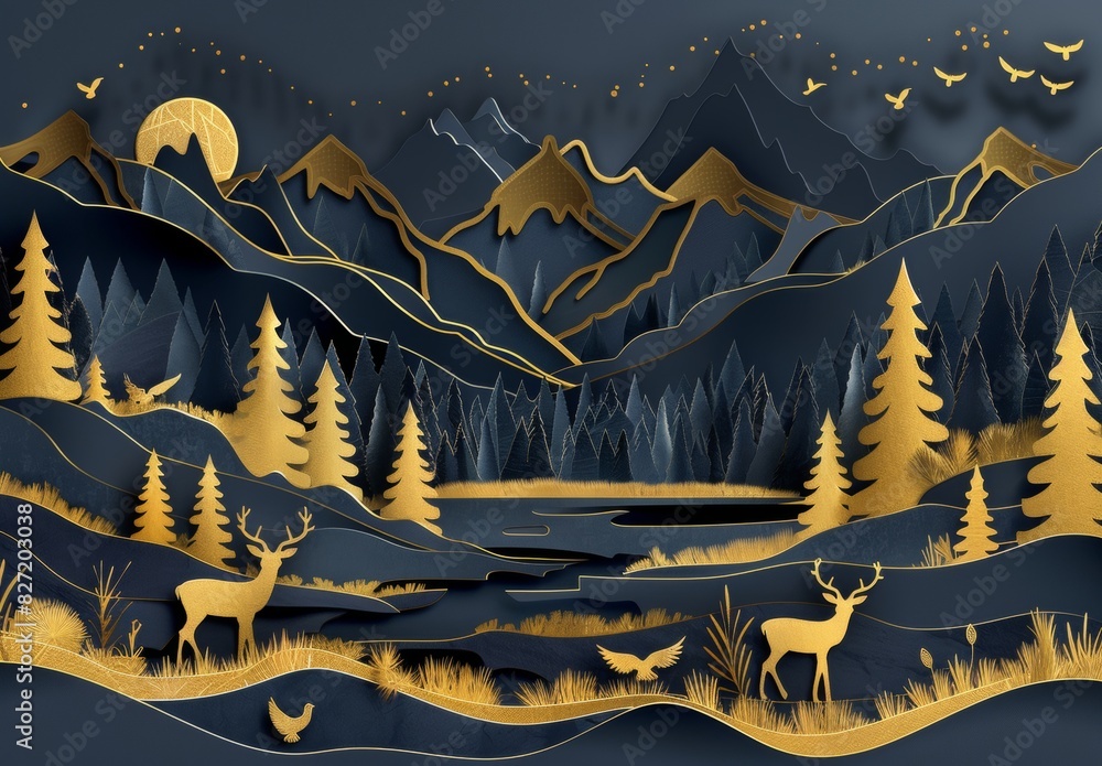 3D wallpaper, a dark blue and gold landscape with trees, mountains ...