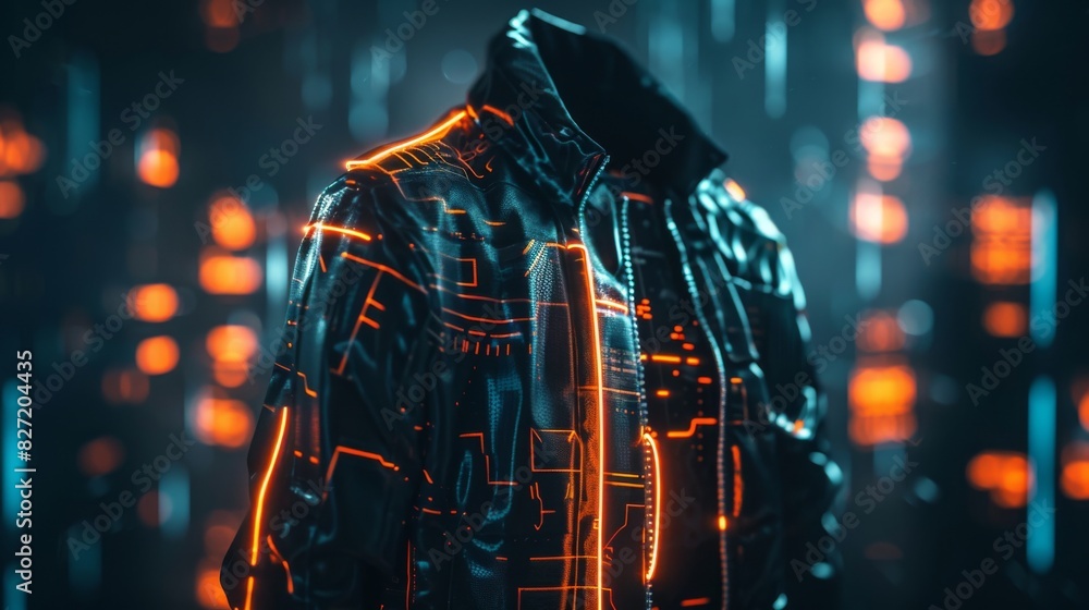 Produce an image of a futuristic smart jacket, with LED lights ...