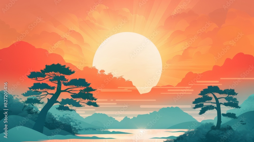 rising sun flat design side view prosperity theme cartoon drawing ...