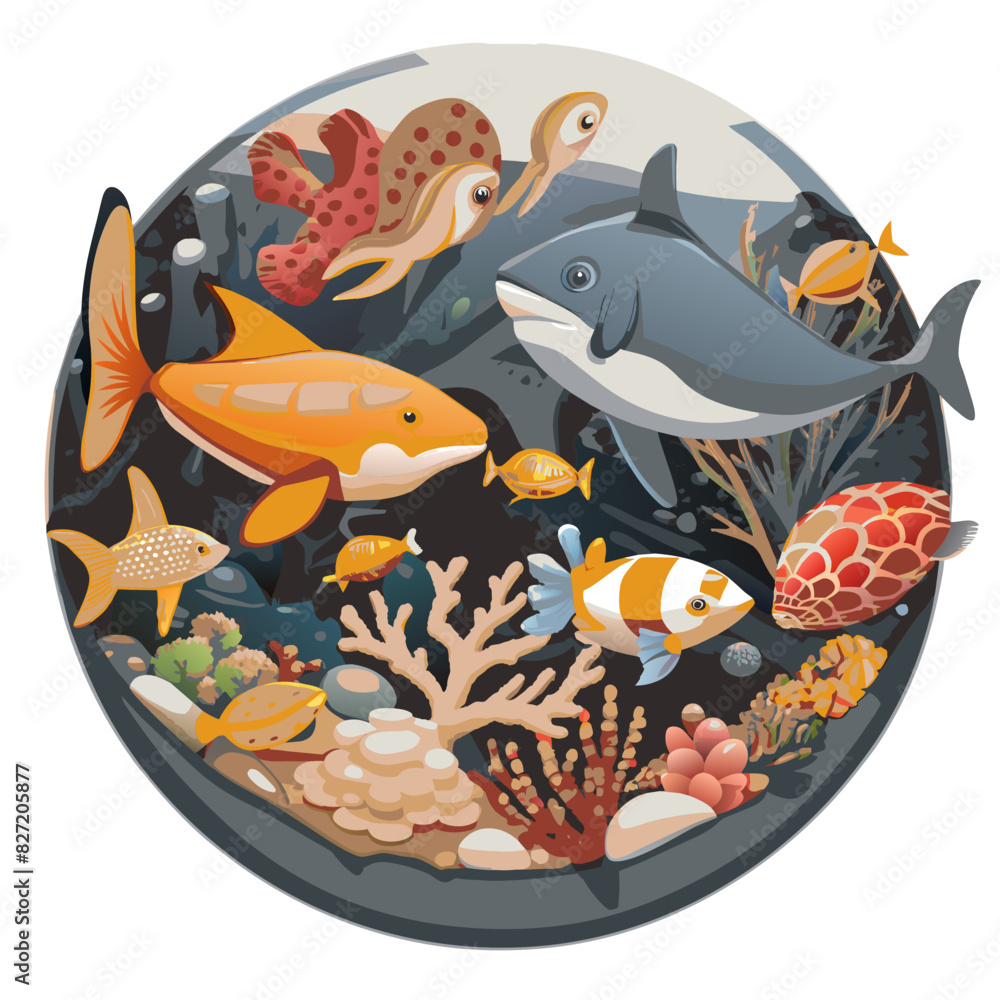 vector showing an underwater scene with diverse marine life, clean ...