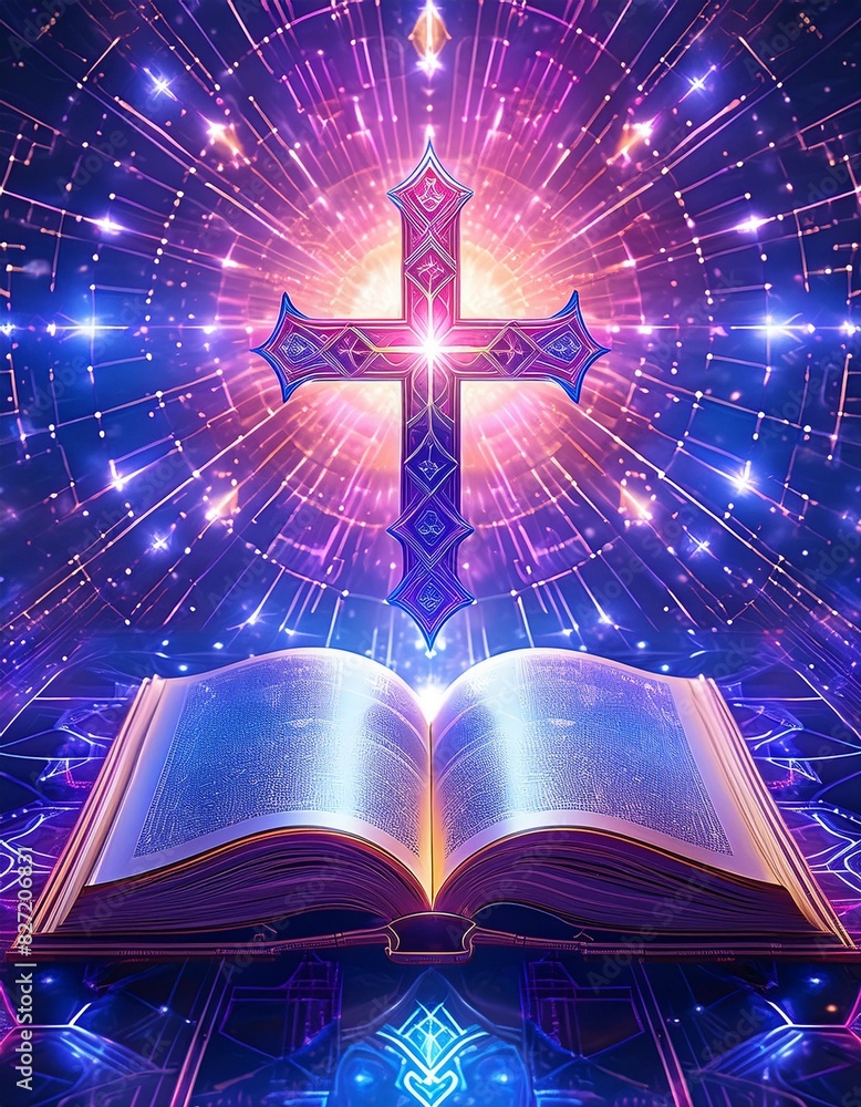 Christian Cross with Bible - Symbol of Christianity - Enlightening by Reading the Bible - Book ...