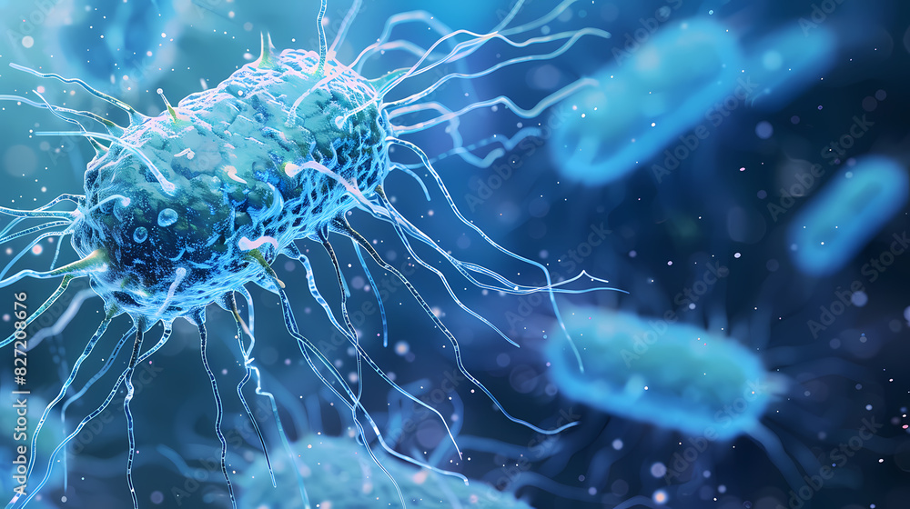 Blue bacterium with multiple flagella on a blue microscopic background ...