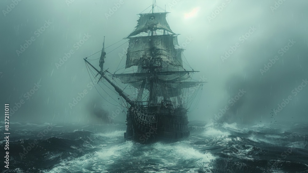 Mock-up of a blank-style pirate ship with tattered sails and a skull ...